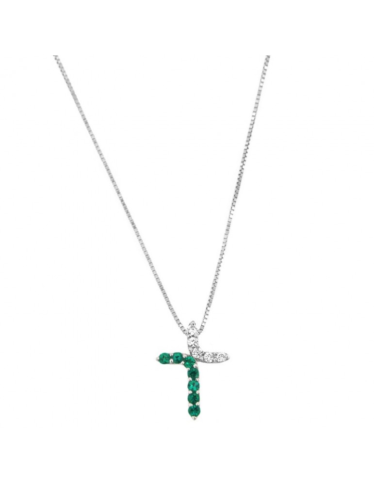 Collana Davite & Delucchi - Croce in Oro Bianco con Diamanti e Smeraldi - 0